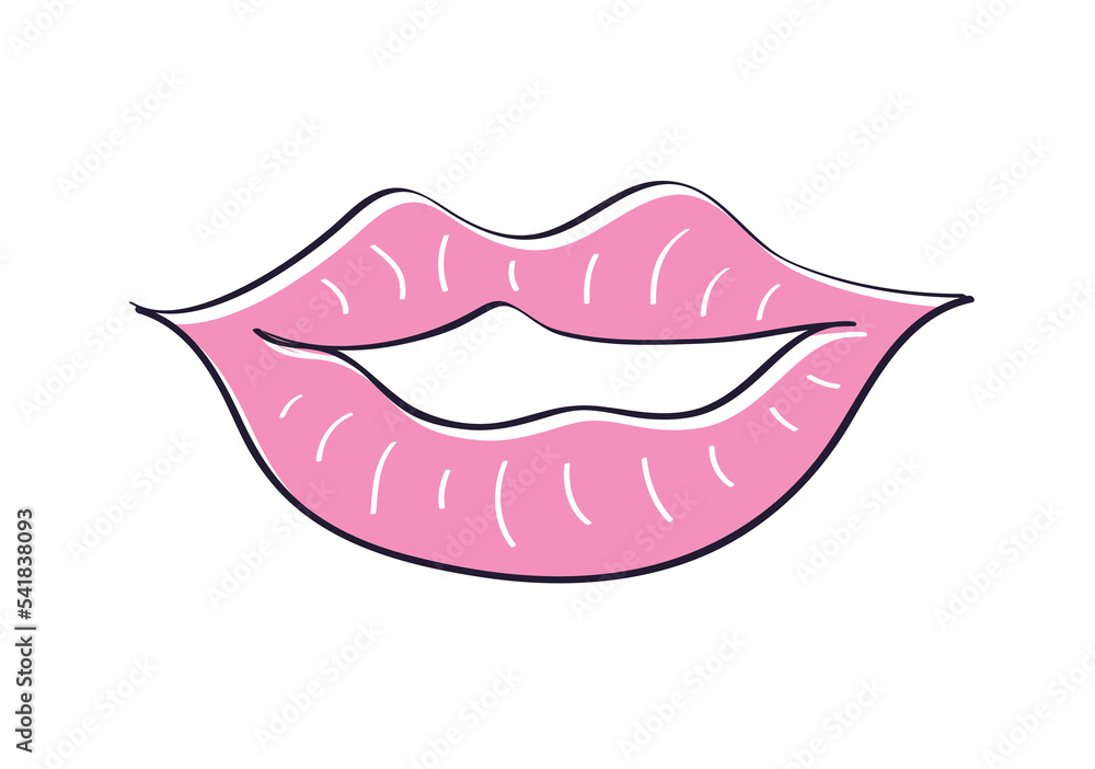 Sexy pink smile lips or lipstick kiss isolated cartoon vector doodle ...