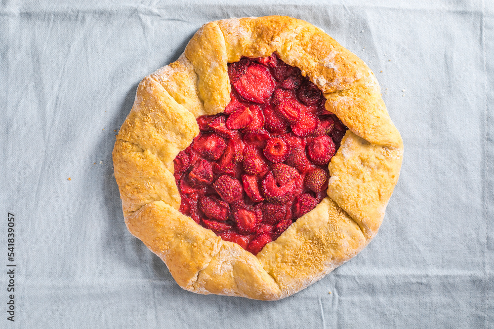 galetta with strawberries at home, top view on a blue background Stock ...