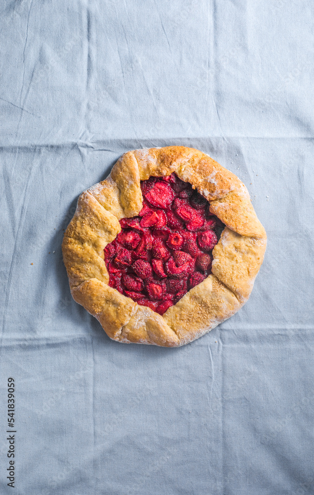 galetta with strawberries at home, top view on a blue background Stock ...