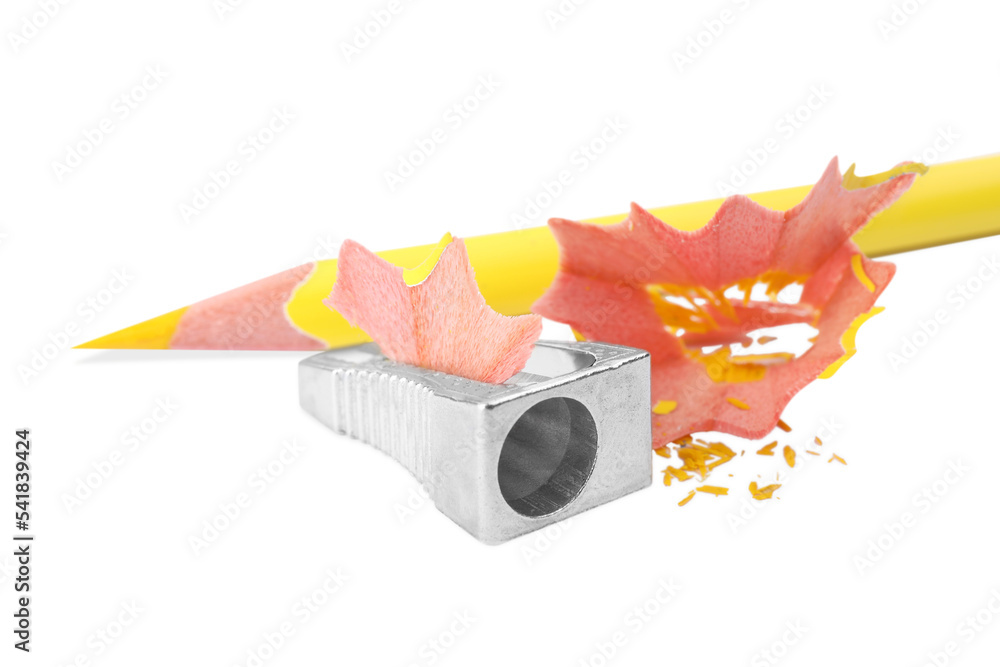 Yellow pencil, sharpener and shavings on white background Stock-Foto ...