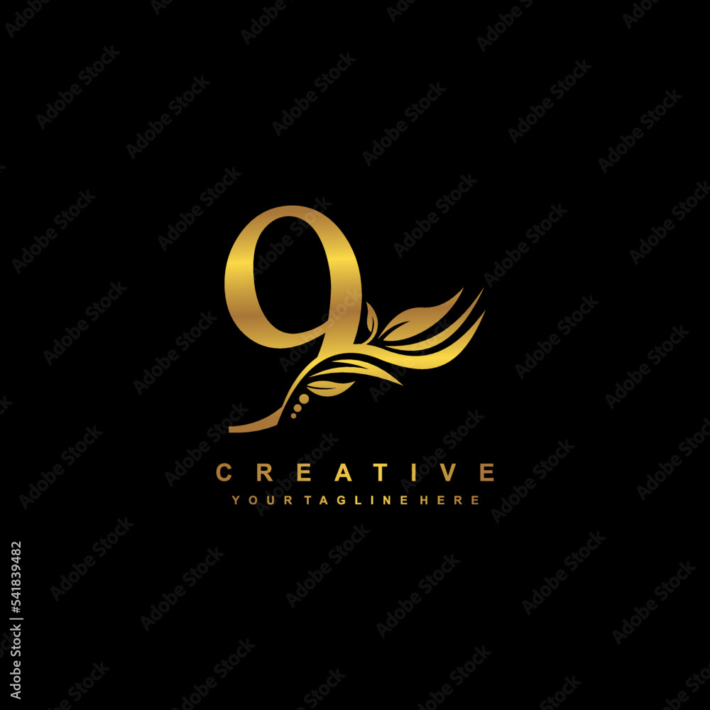 Gold number 9 logo vector design with leaf decoration. monogram number ...