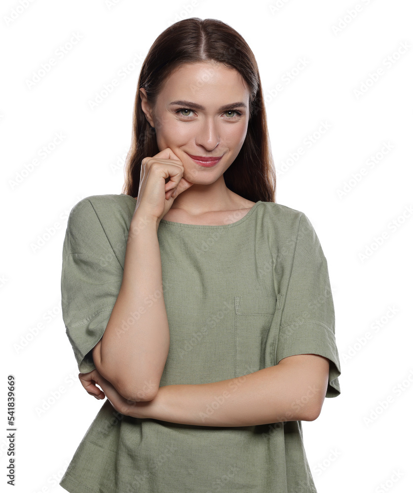 Embarrassed young woman in shirt on white background Stock 写真 | Adobe Stock