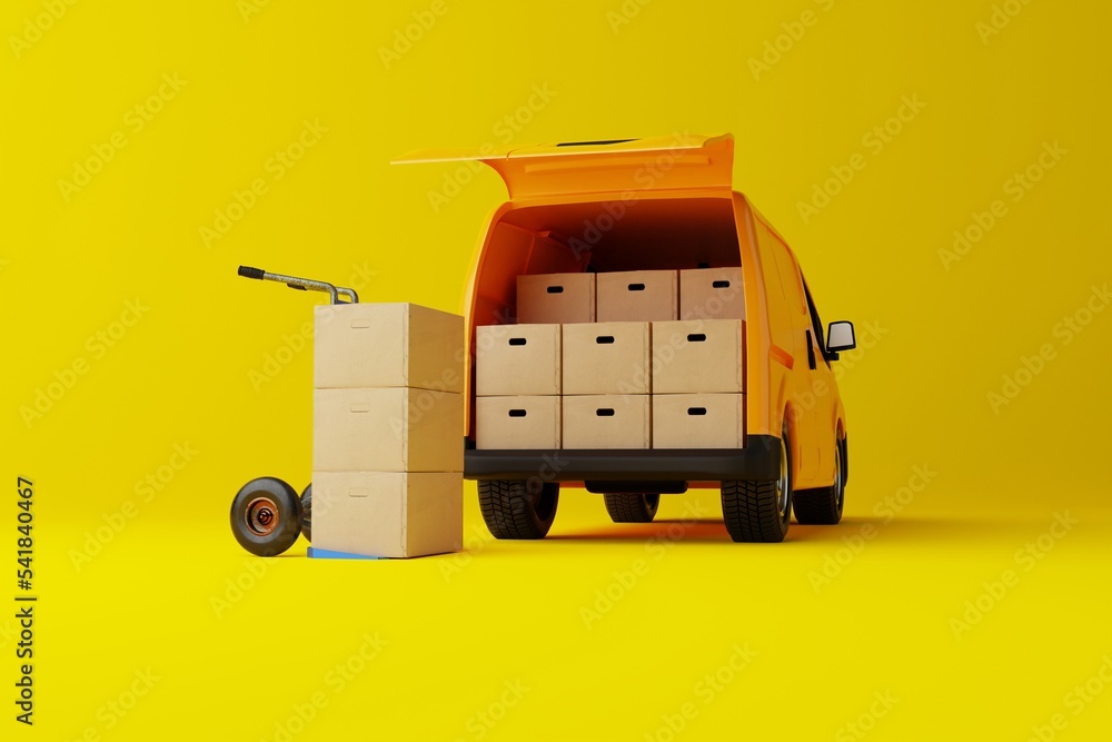 Commercial delivery orange van with cardboard boxes on yellow ...