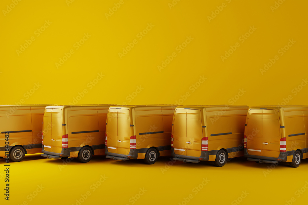 Several van delivery vans on a yellow background. Concept of delivering ...