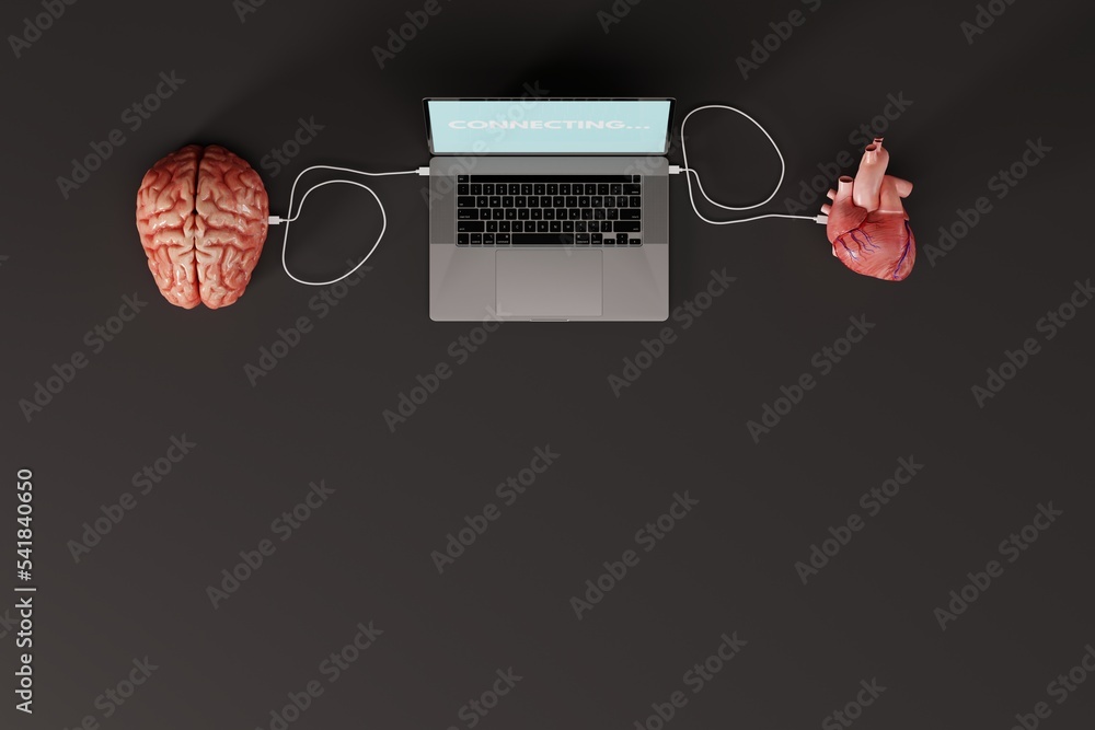 Brain and heart connected to a laptop. Concept of modern disease ...