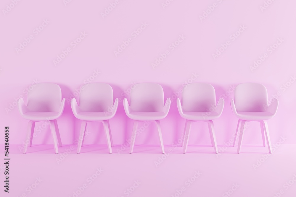 Pink chairs in a row against the wall on a pink pastel background ...