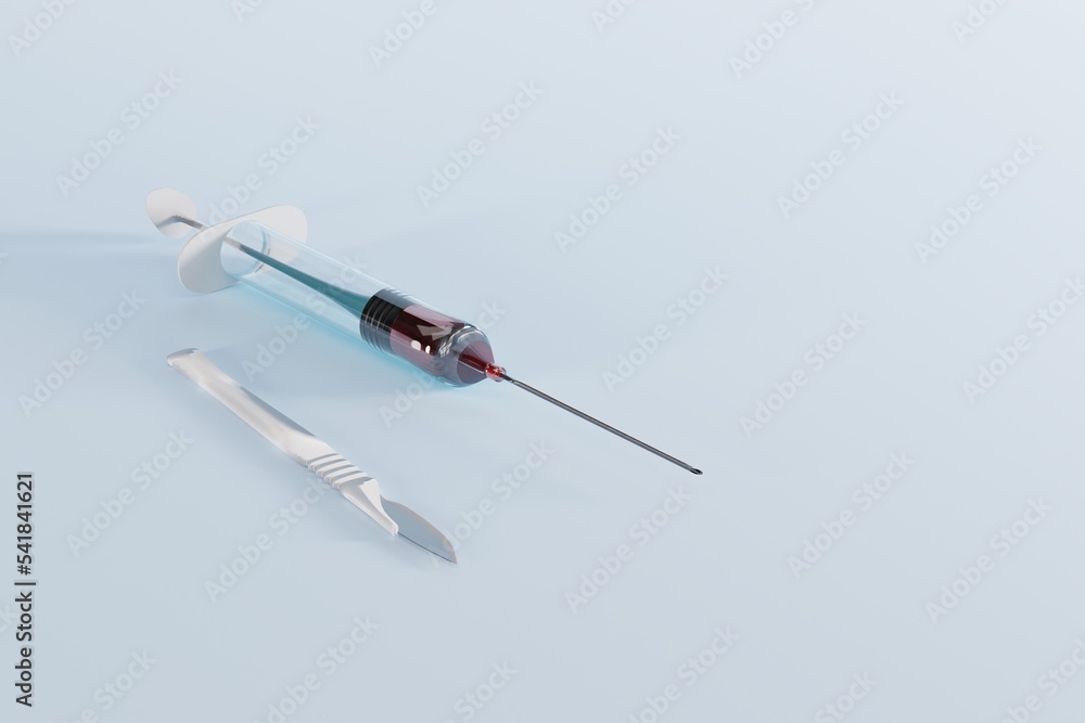 Syringe with blood and a scalpel. Medical and pharmaceutical concept ...