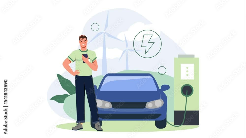 Green energy video concept. Young moving man fills up his electric car ...