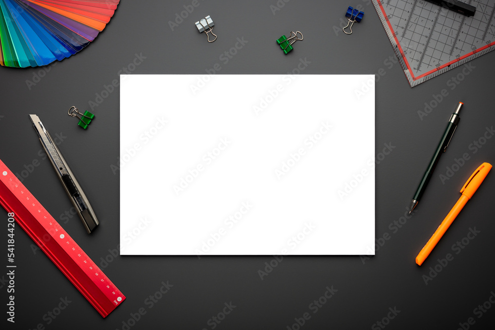Empty or blank page in top view on creative desk or workplace as mockup ...