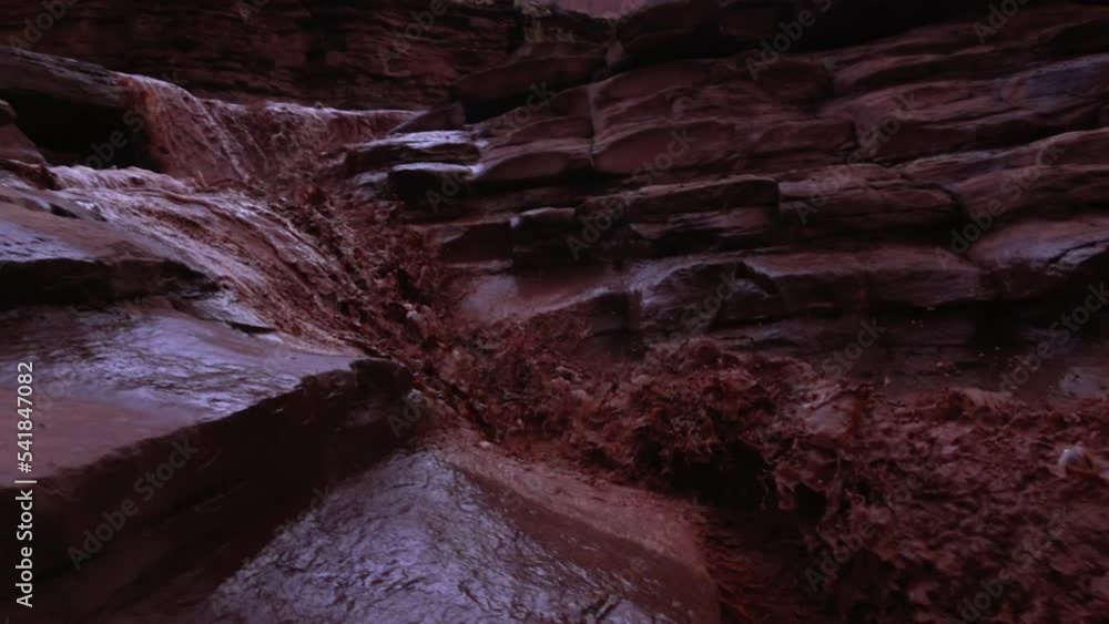 Slow Motion Panning Shot Of Brown Waterfall Flowing Amidst Rocks - Moab ...