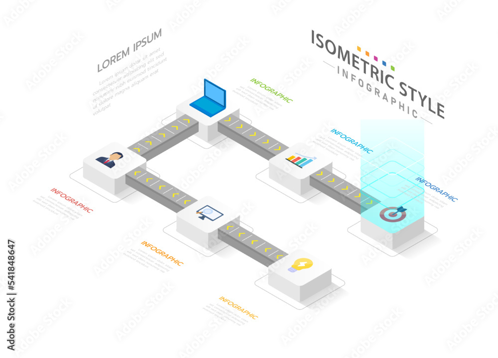 Infographic template for business. 6 Steps Modern Isometric Timeline diagram with conveyor ...