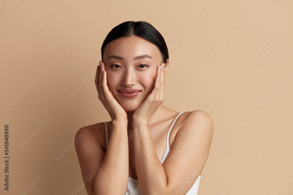 Smiling Woman Touching Chics. Waist up Portrait of Attractive Woman ...