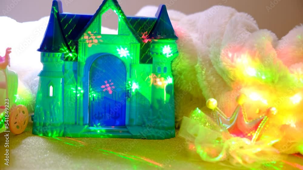 Fairy tale scene. playing room with castle toy, carriage, crown. Fairy ...