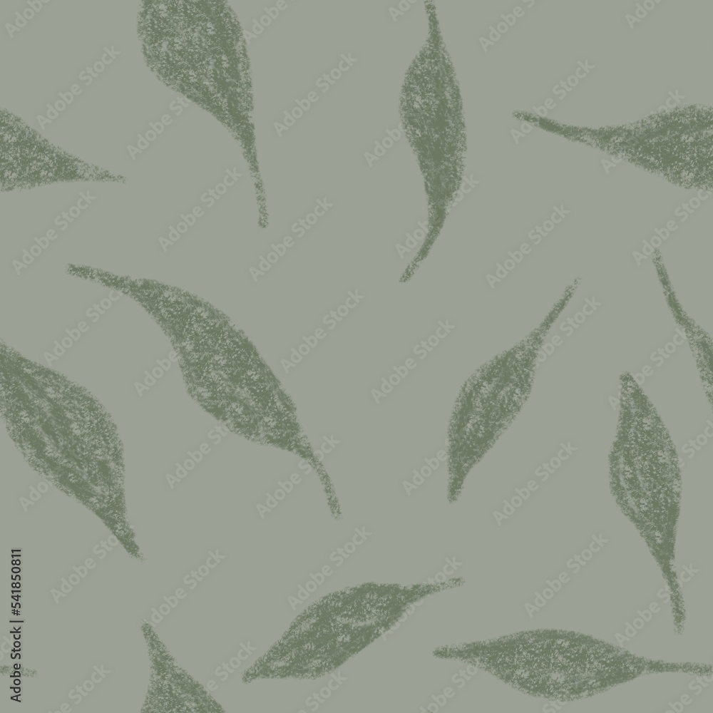 Hand drawn seamless pattern sage green background with leaf leaves ...
