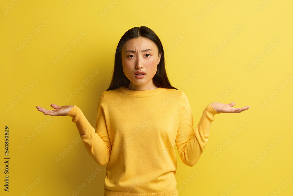 Confused Woman Shrugging Hands. Portrait of Uncertain Asian Girl ...