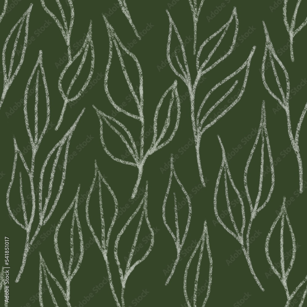 Hand drawn seamless pattern sage green background with leaf leaves ...