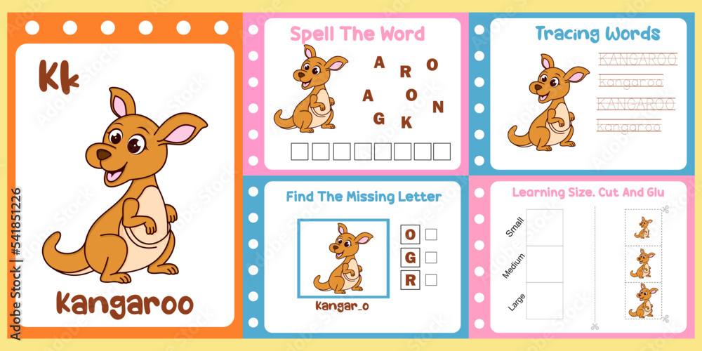 worksheets pack for kids with kangaroo vector. children study book ...
