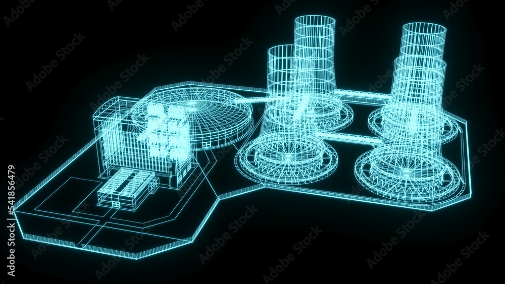 3d render illustration Nuclear power station cooling tower hologram ...