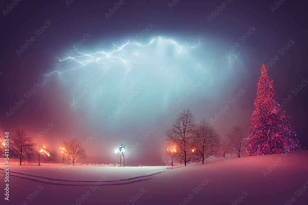 Winter frozen landscape with snow and ice, thunder in the sky ...