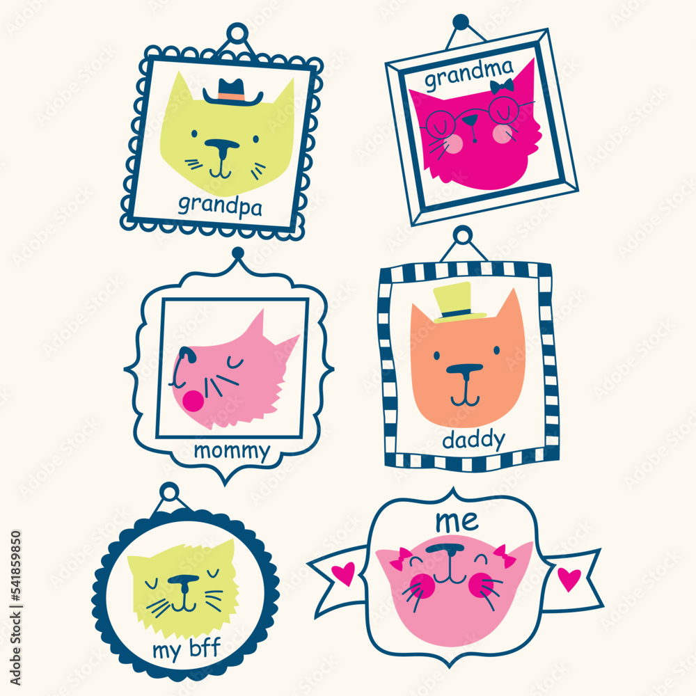 Cats behind frame picture, vector. Funny cat silhouette cartoon ...