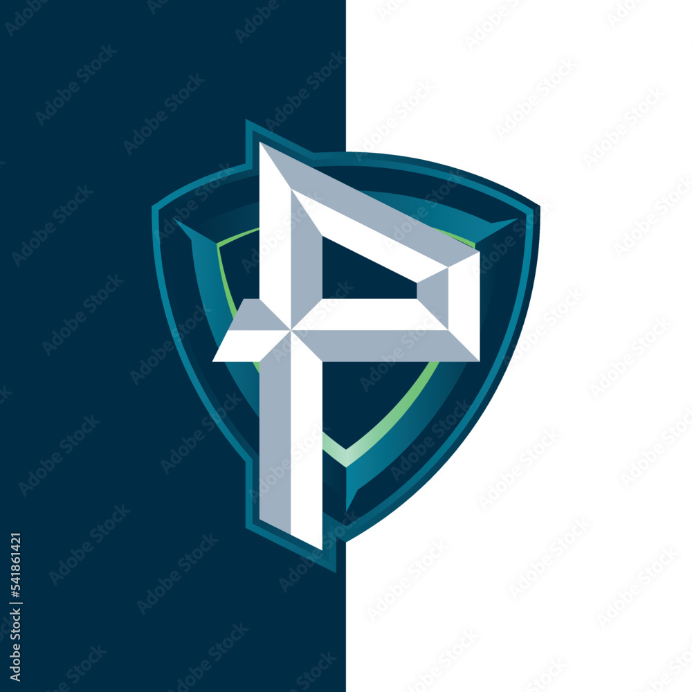 the esports alphabet logo is formed from the letter P and a shield as ...