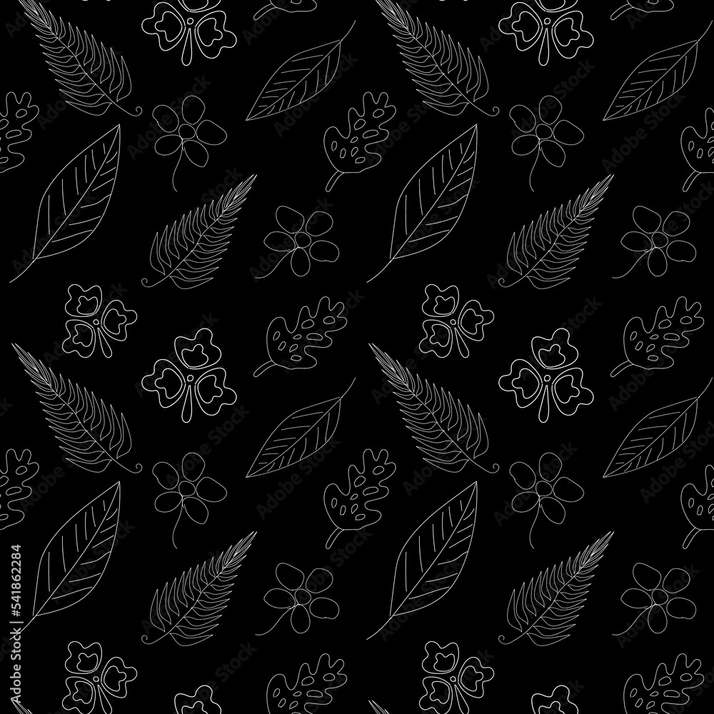 Leaves and flower seamless pattern on black background. Abstract ...