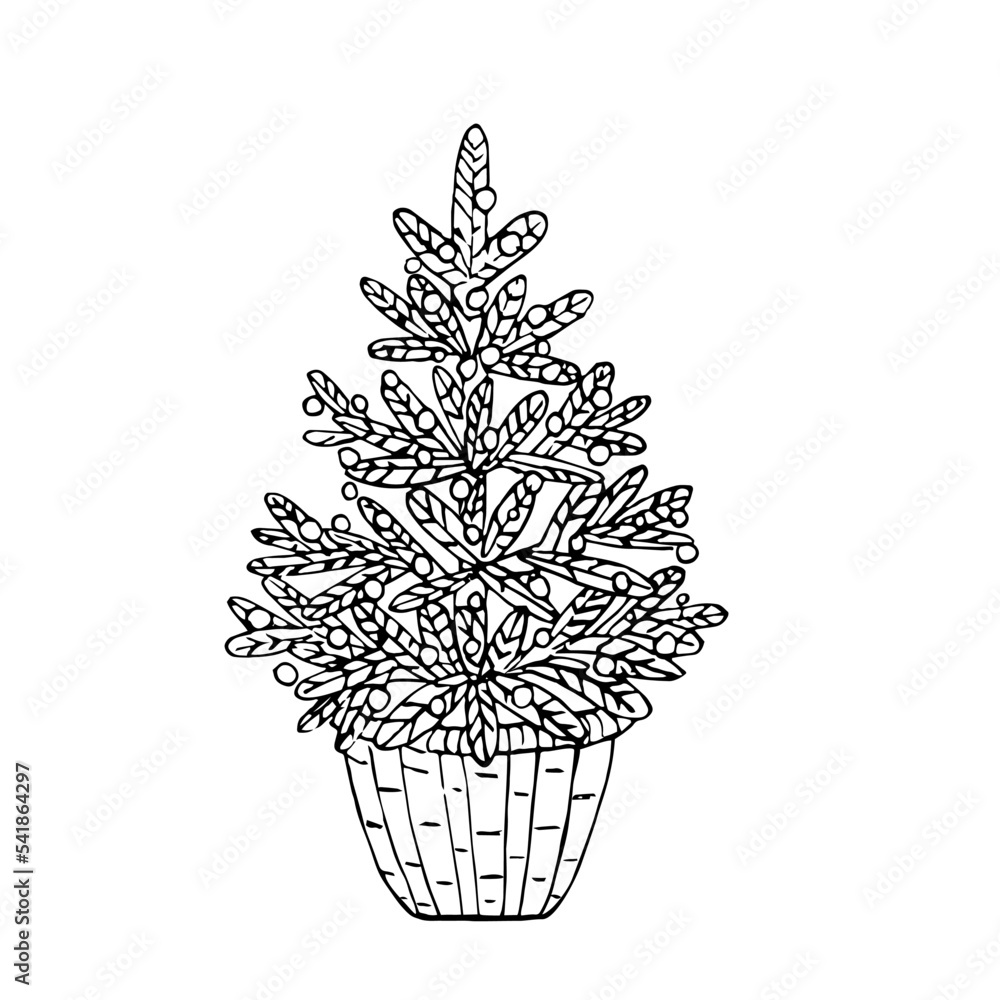 Christmas tree in stand with lights sketch. Hand drawn vector doodle ...