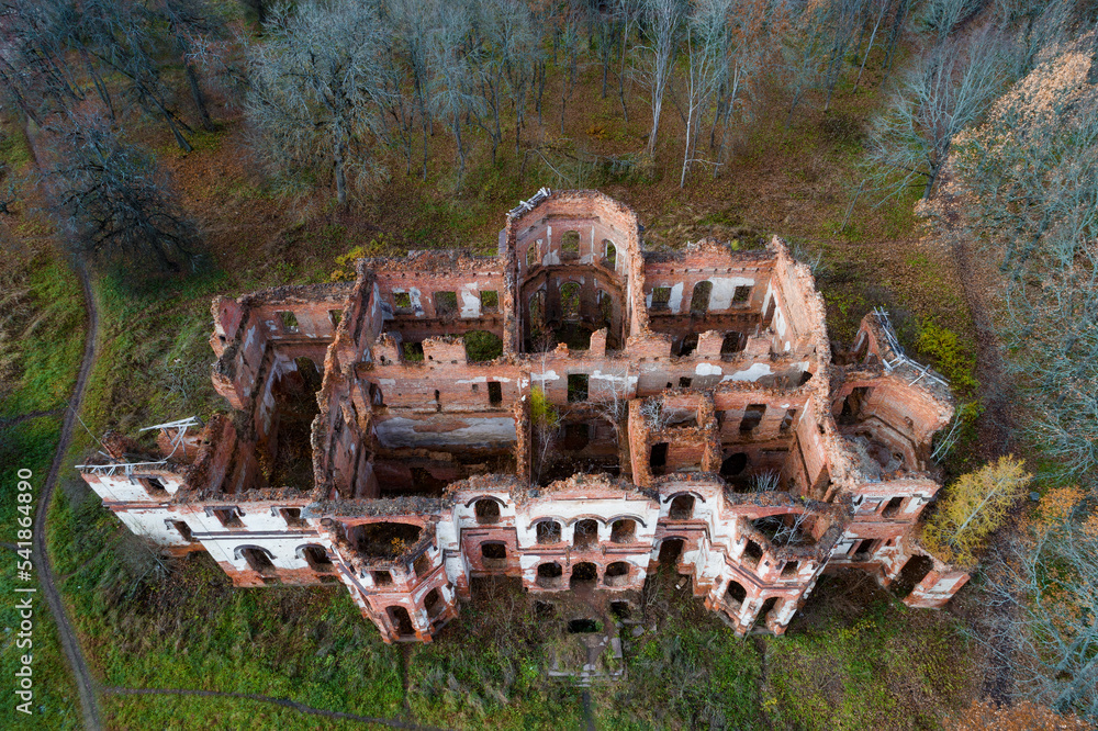 Top view of the ruins of the ancient palace of the Gostilitsy estate on ...