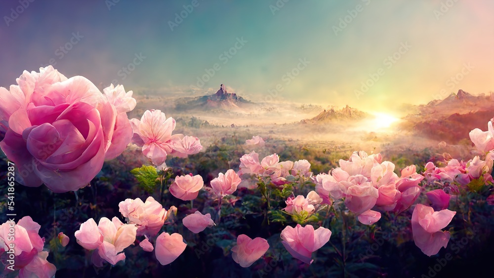 Fairy landscape with flowers. Beautiful pink rose, flowers. Fantastic ...