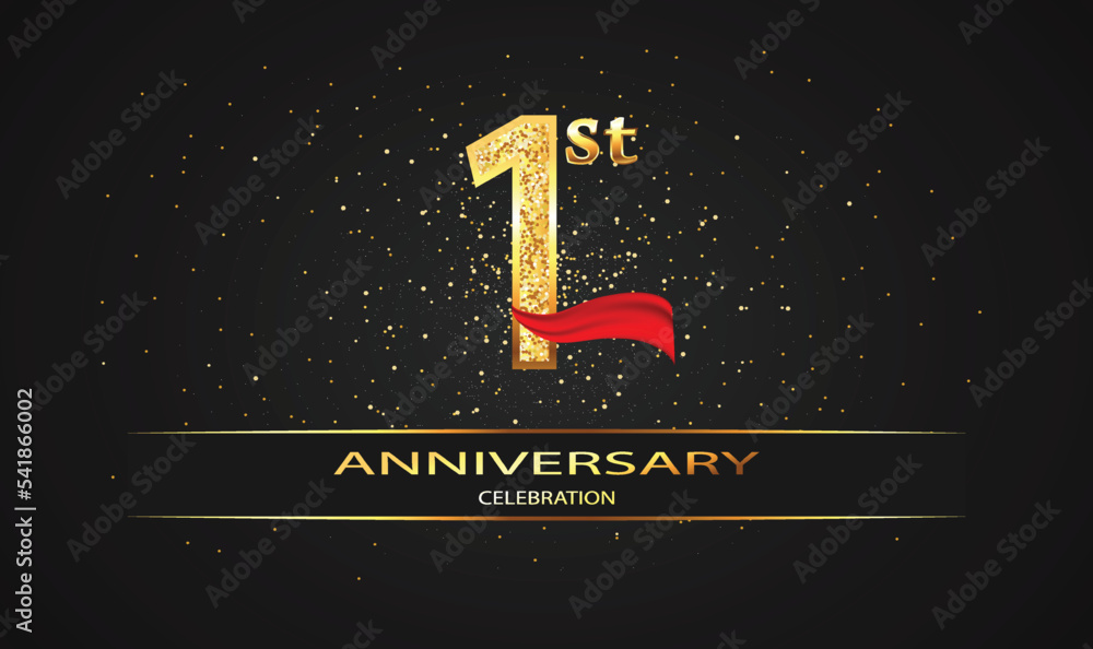 1 Year Anniversary celebration Vector Design with red ribbon and ...