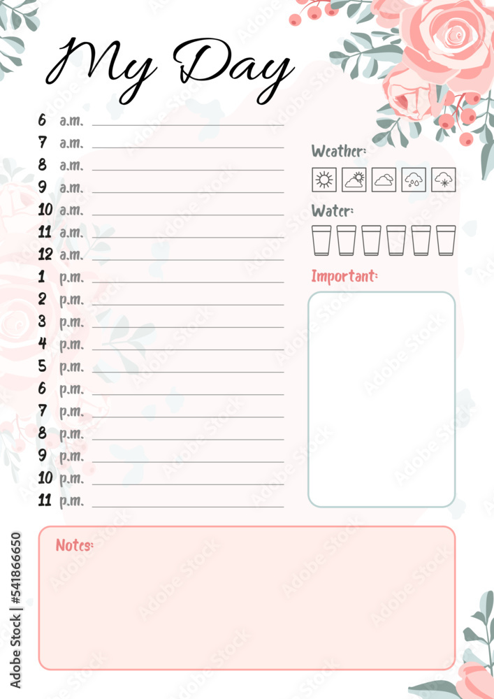 My day delicate pink with flowers planner Stock Vector | Adobe Stock