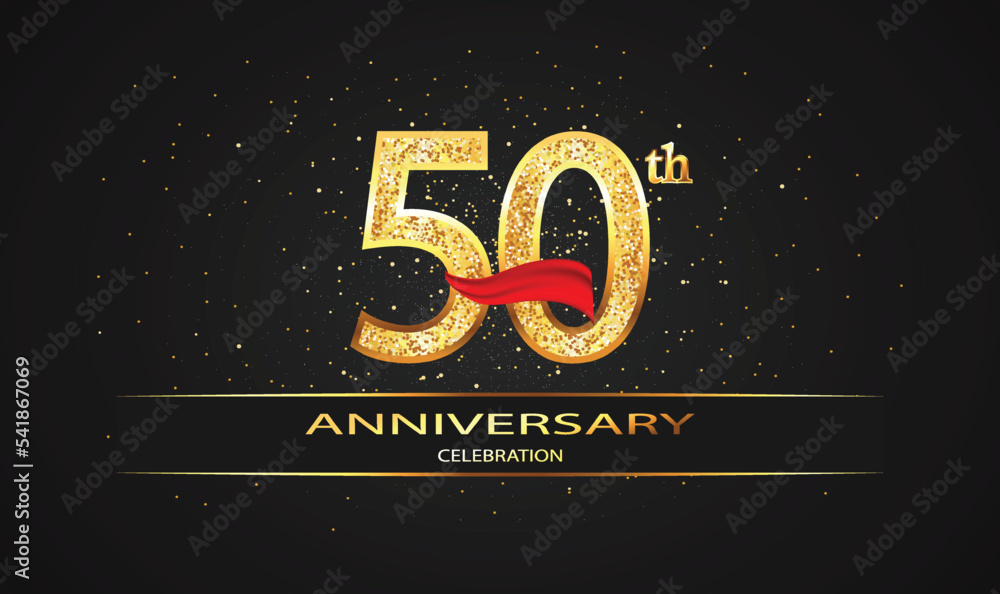 50 Year Anniversary celebration Vector Design with red ribbon and ...