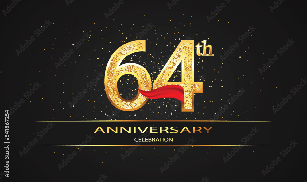 64 Year Anniversary celebration Vector Design with red ribbon and ...