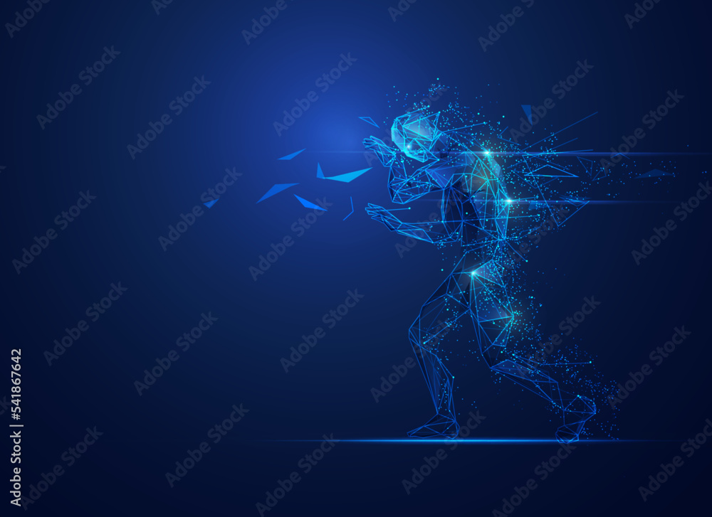 concept of digital disruption, graphic of low poly man walking with ...