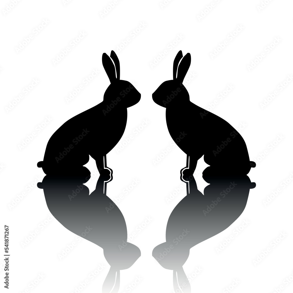 Two black rabbits with their reflection on white background. Vector ...