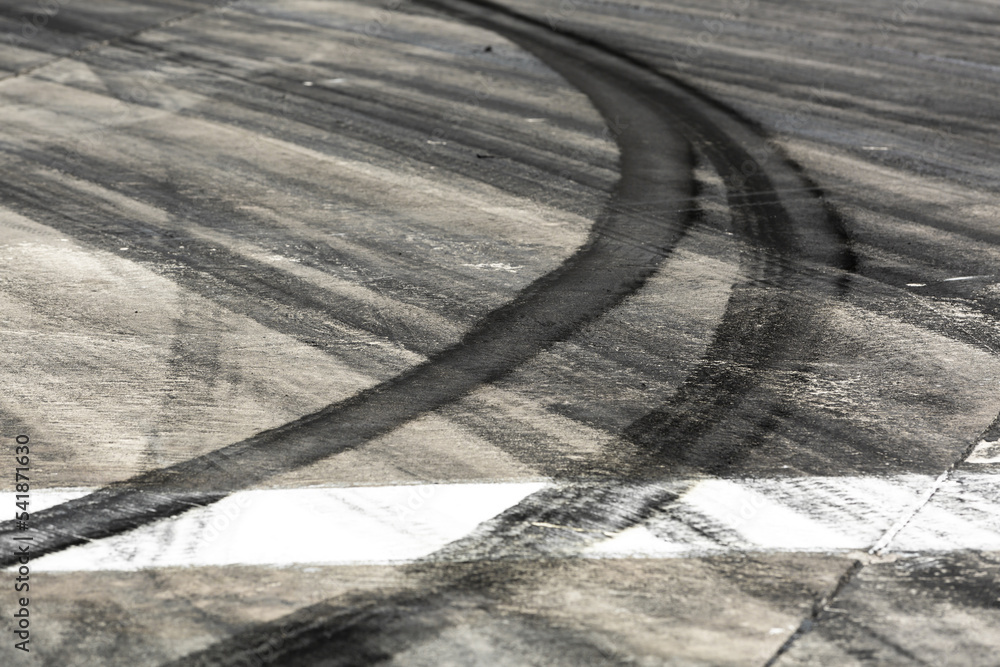 Background with tire marks on road track, Car track asphalt pavement ...
