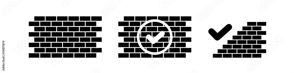 Brick wall with check icon set in flat style. Approving symbol on a ...