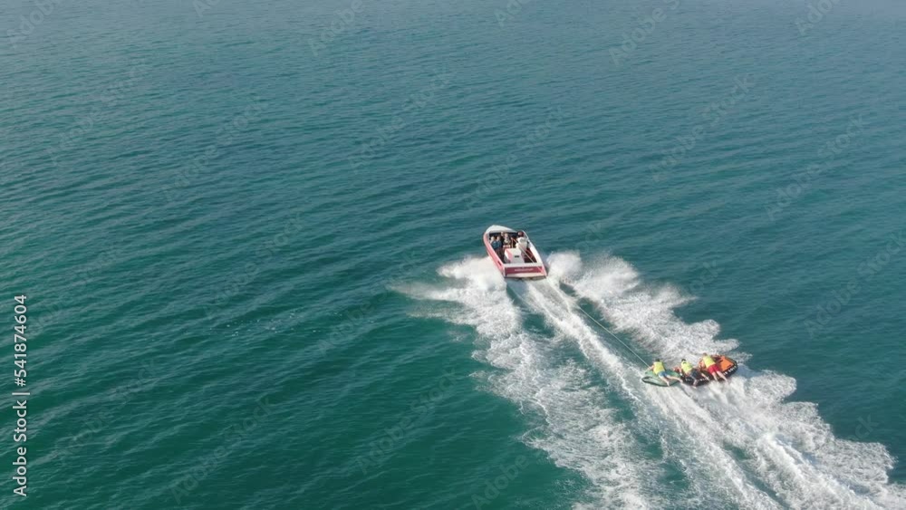 Drone video of extreme power boat ski water-sports cruising in high ...