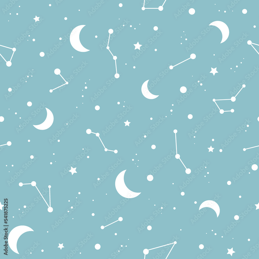Seamless pattern with constellations, stars and moon crescent on powder ...