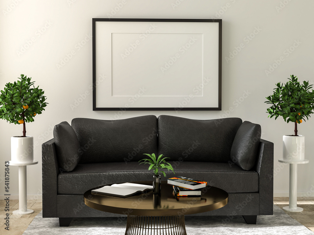 3D illustration Mockup photo frame in living room rendering Stock ...