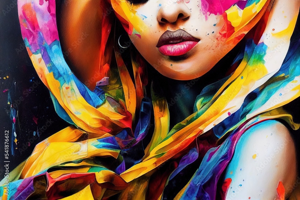Stunning illustrated portrait of beautiful woman. Spatter and drips of ...