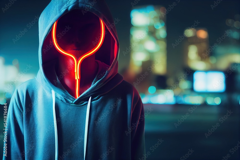 Photorealistic illustration of hacker in hoodie with unrecognisable ...