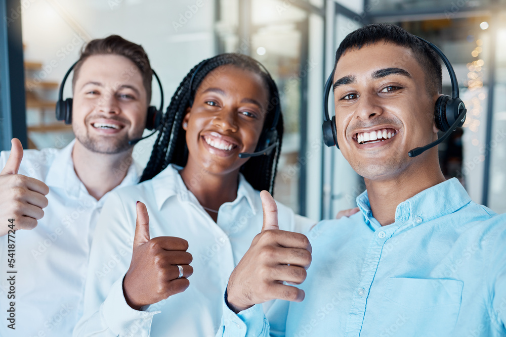 Diversity, thumbs up and success selfie at call center with online ...