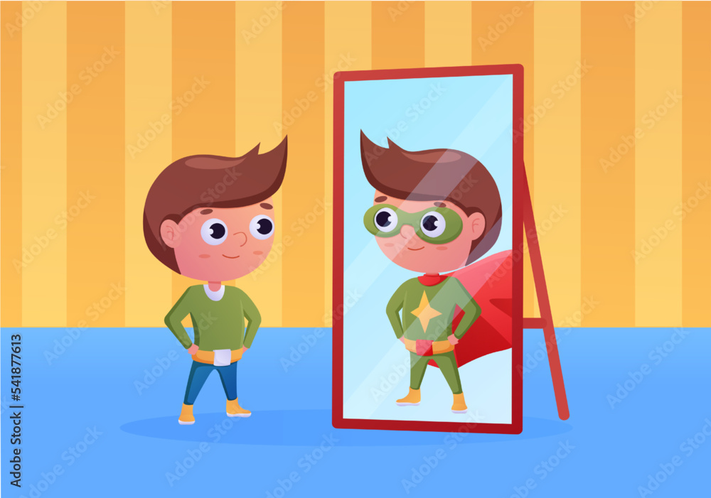 Boy looking at mirror. Child personal growth. Confidence kid mindset ...