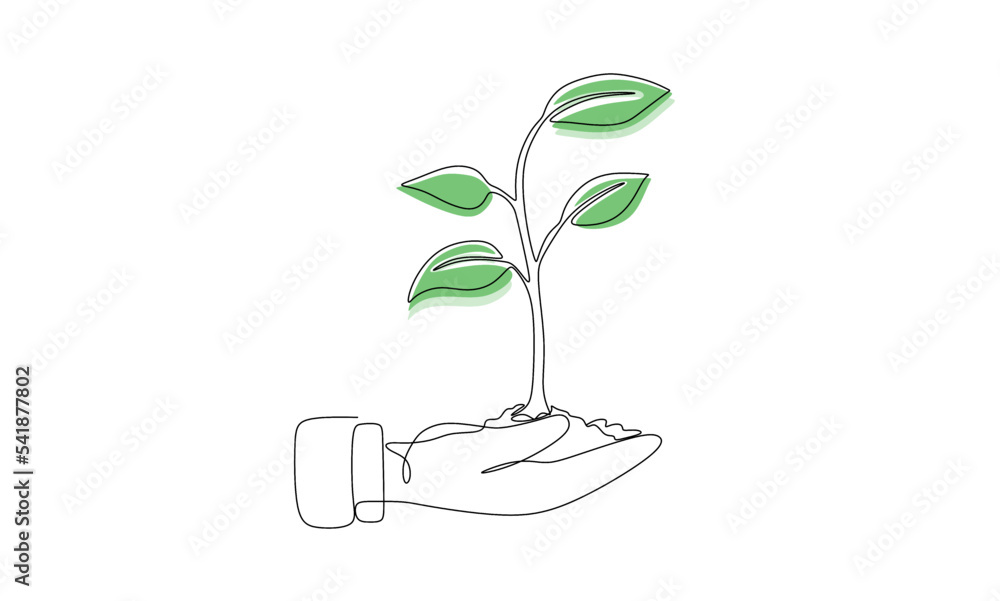 One line drawing of sprout in hand. Continuous line growing plant in ...
