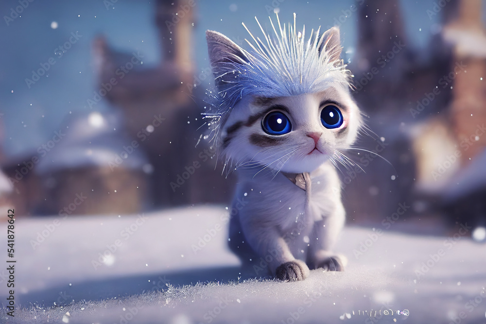 Cut ice queen cat cartoon animation character in snow field 3D ...
