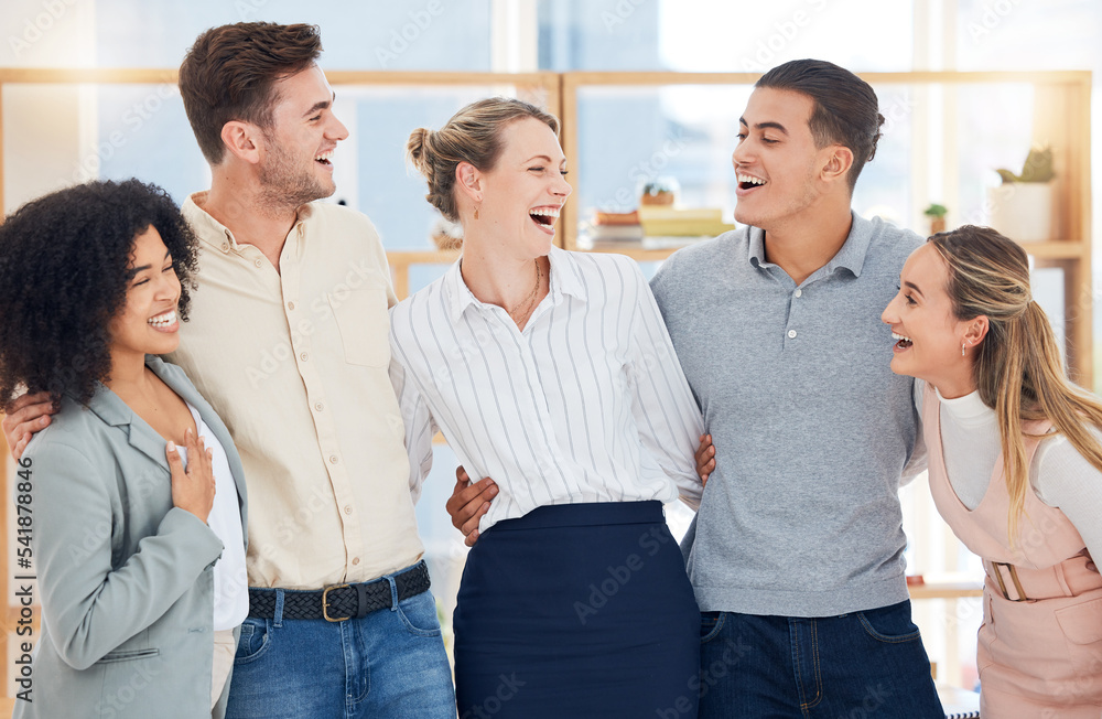 Office, diversity and group of business people hug for team building ...