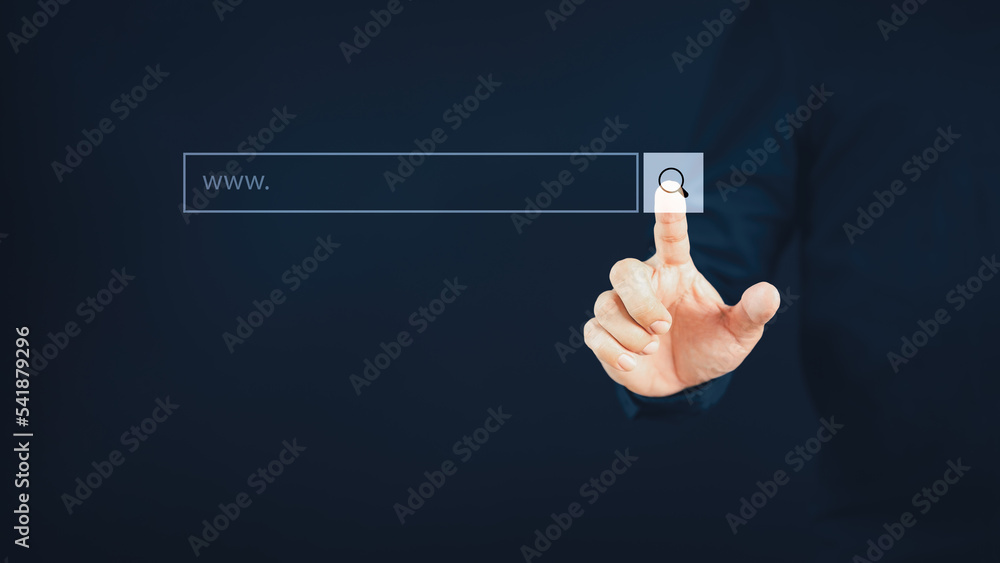 Man hand presses the information search button on computer touch screen ...
