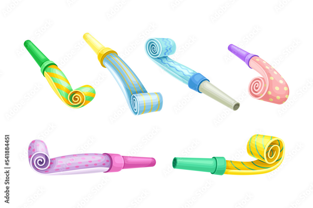 Party whistles set. Pipe blowers for festive event celebration cartoon ...