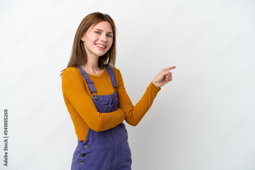 Young English woman isolated on white background pointing finger to the ...